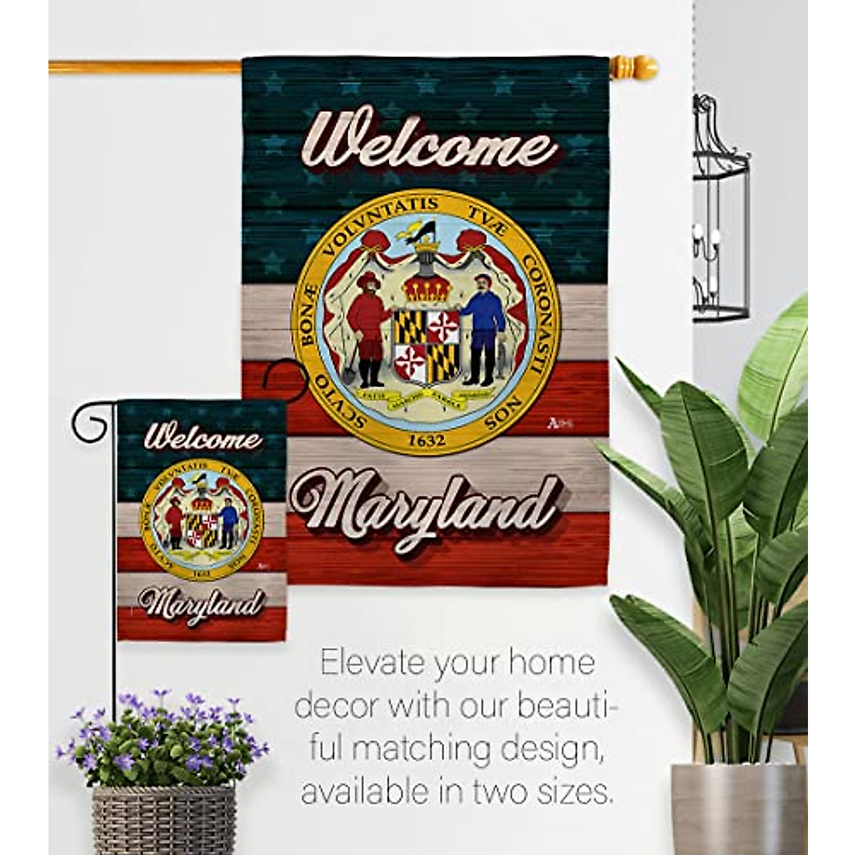 Welcome Maryland Garden Flag - Set Wood Dowel Americana States USA American Territories Republic Country Particular Area - House Decoration Banner Small Yard Gift Double-Sided Made in 13 X 18.5