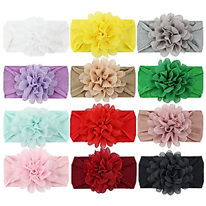Cinaci 12 Pack Solid Stretchy Wide Nylon Headbands with Big Chiffon Flower Hairbands Hair Accessories for Baby Girls Newborns Infants Toddlers Kids