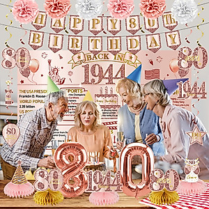 80th Birthday Decorations for Women - 21Pcs Back in 1944 80 Birthday Party Supplies, Rose Gold Happy 80th Birthday Banner Honeycomb Centerpiece Hanging Swirls for Eighty Birthday Table Decorations