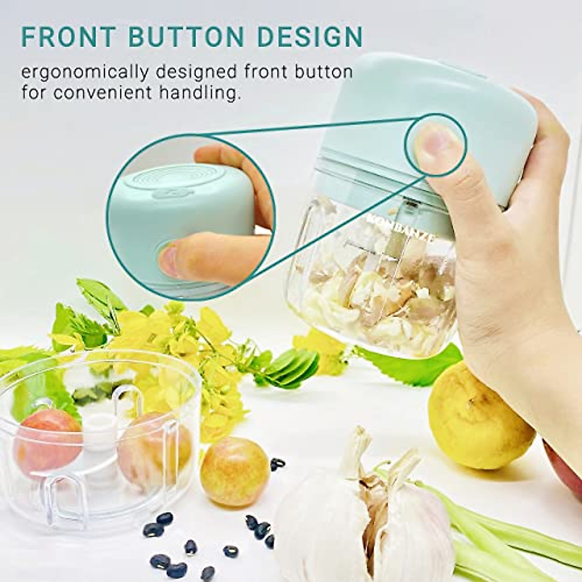 KONBANZE 2-CUP Electric Portable Mini Garlic Onion Chopper Crusher Small Food Processor Mini Food Processor Masher USB Charging Food Vegetable Cutter Kitchen Gadgets (GREEN)