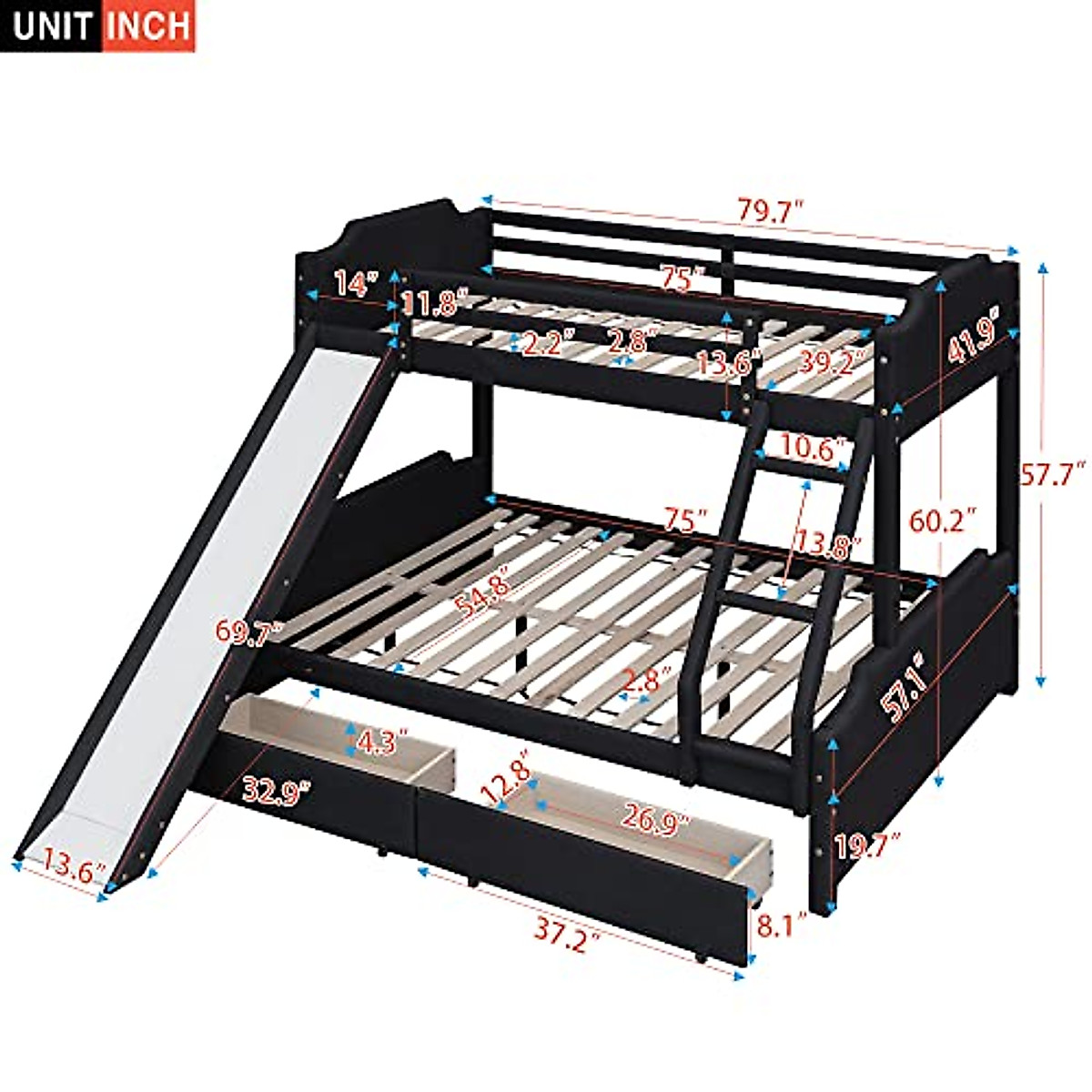 TARTOP Twin Over Full Upholstered Bunk Bed with Slide and Storage, Solid Wood Bunk Bed Frame with Two Drawers, Convertible Slide and Ladder, Headboard and Footboard, for Kids Teens Adults,Black