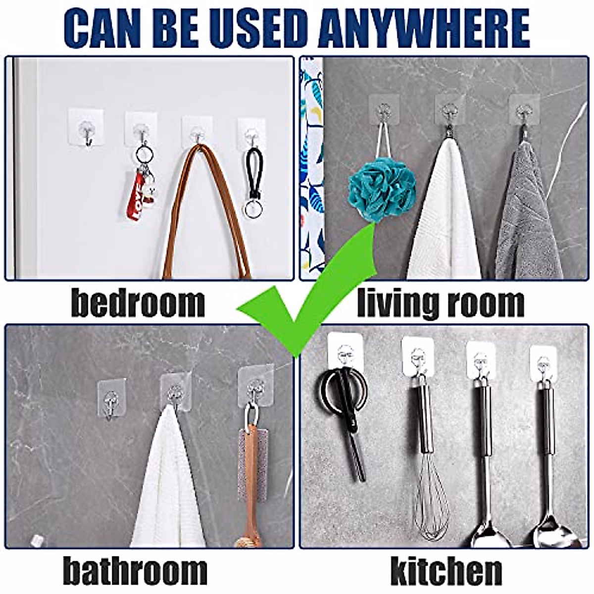 Adhesive Hooks Kitchen Wall Hooks- 20 Packs Heavy Duty 21lb(Max) Nail Free Sticky Hangers with Stainless Hooks Reusable Utility Towel Bath Ceiling Hooks 11111