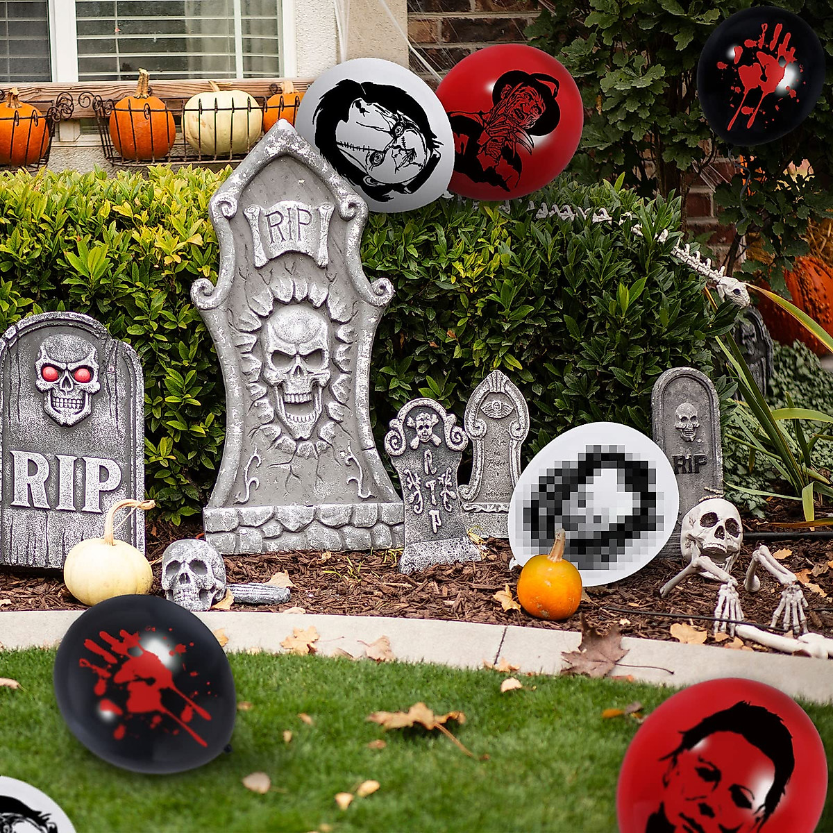 Whaline 65Pcs Halloween Balloons Black White Red Blood Splatter Balloons Bloody Handprint Latex Balloons Scary Party Decoration for Halloween Party Favor Haunted House Crime Scene Party Supplies