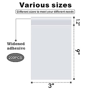 LEOSINDA 200pcs 3x9 Clear Resealable Cellophane Bags Treat Bags Cookie Bags Cello Candy Bags Self Sealing Adhesive Gift Wrap Plastic Small Business Packaging 1.3mil