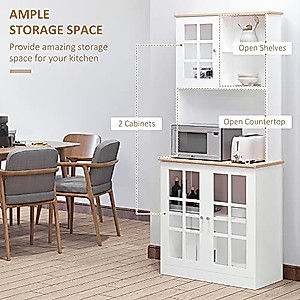 HOMCOM Kitchen Buffet with Hutch, Storage Pantry with 3 Cabinets, 2 Open Shelves and Large Countertop, White