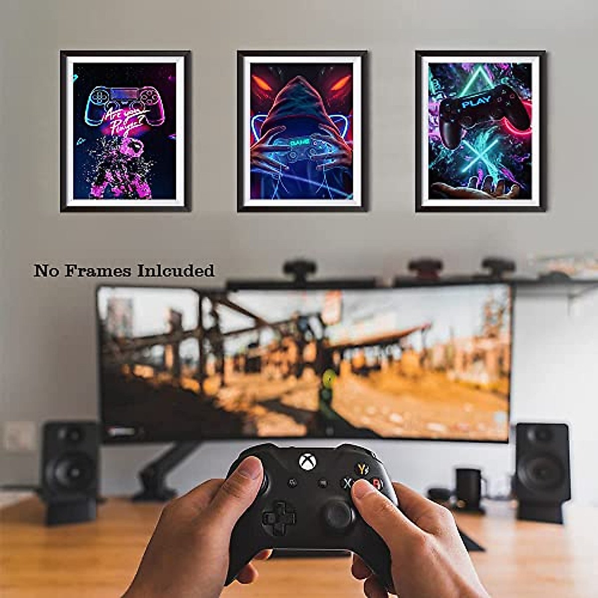 Neon Gaming Art Posters, 12"x16" Video Game Canvas Wall Art, Gamepad Playstation Controller Decorative Interior Painting Wall Art Posters for Teenage Boys Room Playroom Decor, (Set of 3-Unframed)
