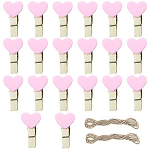 FAZHBARY Pink Heart Clothespins Mini Wooden Clothespins with Jute Twine Small Valentine's Day Decorative Wood Peg Pin Craft Clips for Pictures Photo Memo Card