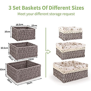 Recycled Wicker Storage Basket, Small Wicker Baskets, Handwoven Baskets for Storage, Paper Rope Storage Baskets for Organizing Container Bins for Shelves Cupboards Drawer, Small Woven Basket Set of 3