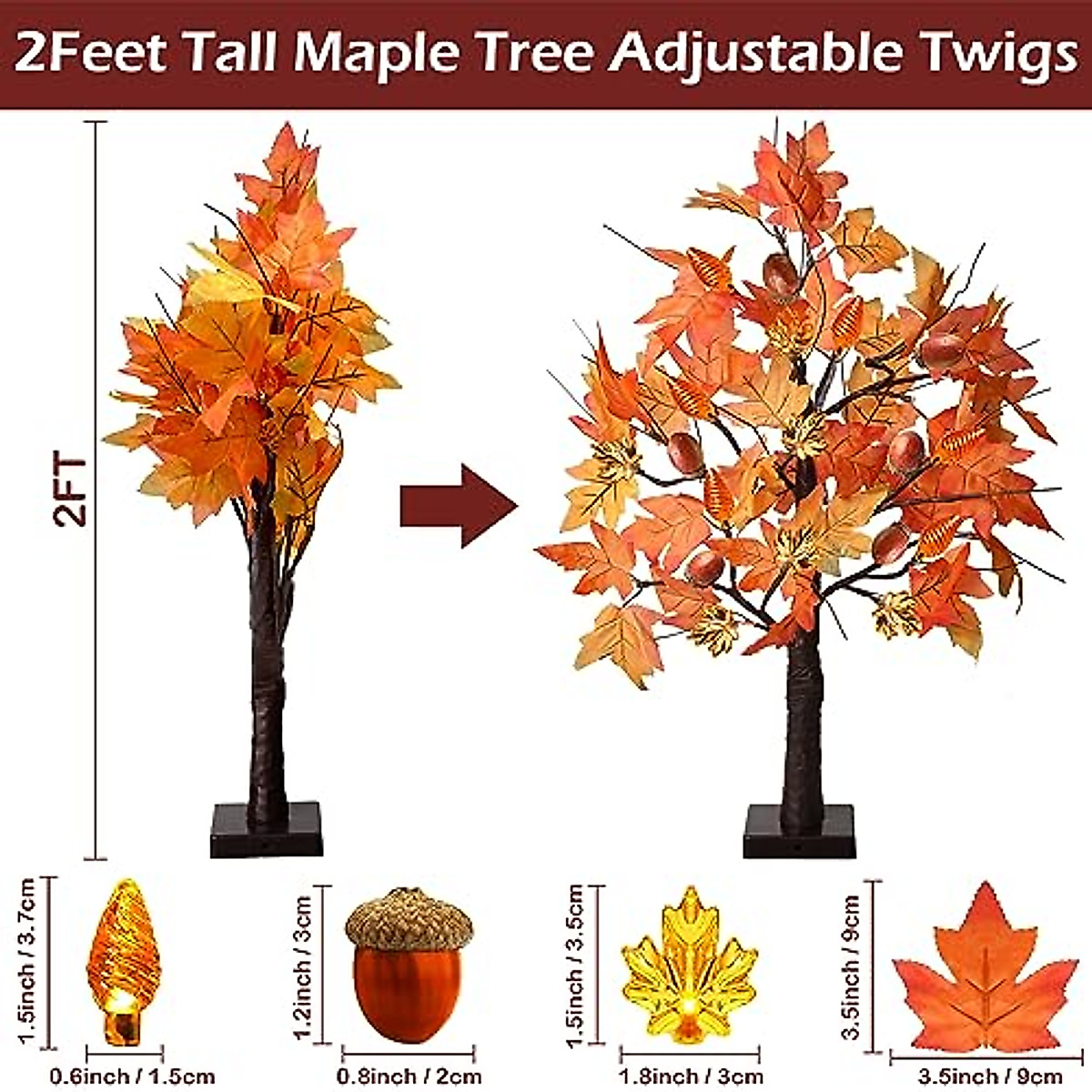 SURCVIO 2 Pack 24 Inch Prelit Fall Maple Tree Fall Decor with 48 LEDs Timer Battery Operated Pinecones Acorns Artificial Autumn Maple Tree for Thanksgiving Harvest Indoor Outdoor Home Decorations