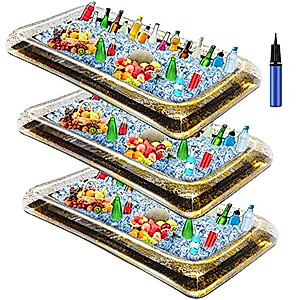 3 Pcs Inflatable Serving Bar Salad Ice Tray Food Drink Candy Buffet Containers Set Picnic Pool Luau Inflatable Cooler with a Drain Plug and a Hand Pump Ice Container, 53 x 23.6 x 4.7 Inch (Black)