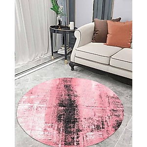 Modern Abstract Fluffy Round Area Rug Carpets 3ft, Plush Shaggy Carpet Soft Circular Rugs, Non-Slip Fuzzy Accent Floor Mat for Living Room Bedroom Nursery Blush Pink Painted Geometric Graffiti Art