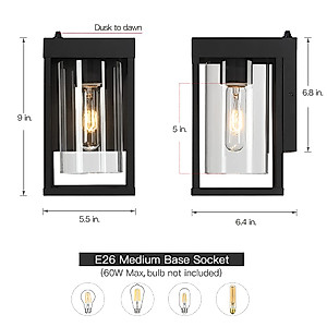 LAMPRESSION 2-Pack Black Outdoor Wall Light Fixtures, Dusk to Dawn Exterior Wall Lantern Sconce, 9" H Outdoor Porch Light Wall Mount with Clear Glass Shade