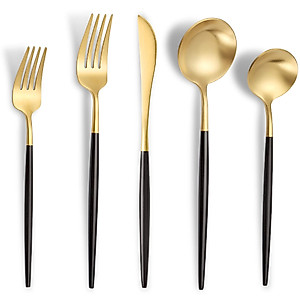 Lemeya Matte Black Gold Silverware Set,Modern Stainless Steel Flatware Set,30 Pieces Cutlery Set Service for 6,Tableware Utensil Set for Home and Restaurant, Satin Finish, Dishwasher Safe
