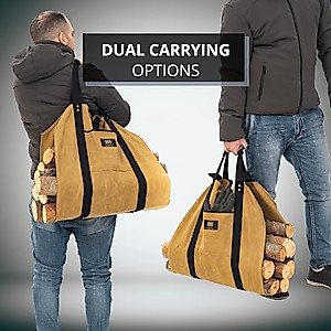 Log Carrier for Firewood Bag - 20oz Waxed Canvas wood carriers with Handles for Fire Logs storage- Fireplace and Campfire Accessories - Durable Waterproof Heavy-Duty Canvas Bag Carrier BROWN