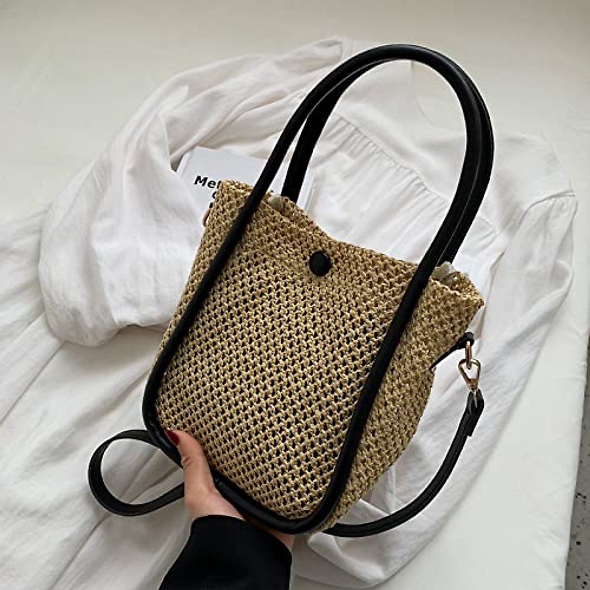 QTKJ Summer Beach bag, Handwoven Straw bag, Beach Tote Leather Shoulder Strap with Removable Storage Bag, Woven Bag for Women Handbag Shoulder Bag (Black)