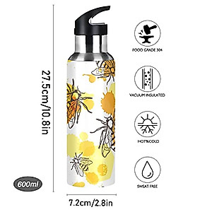 Oarencol Bee Honeycombs Honey Water Bottle Stainless Steel Vacuum Insulated Thermos with Straw Lid 20 Oz