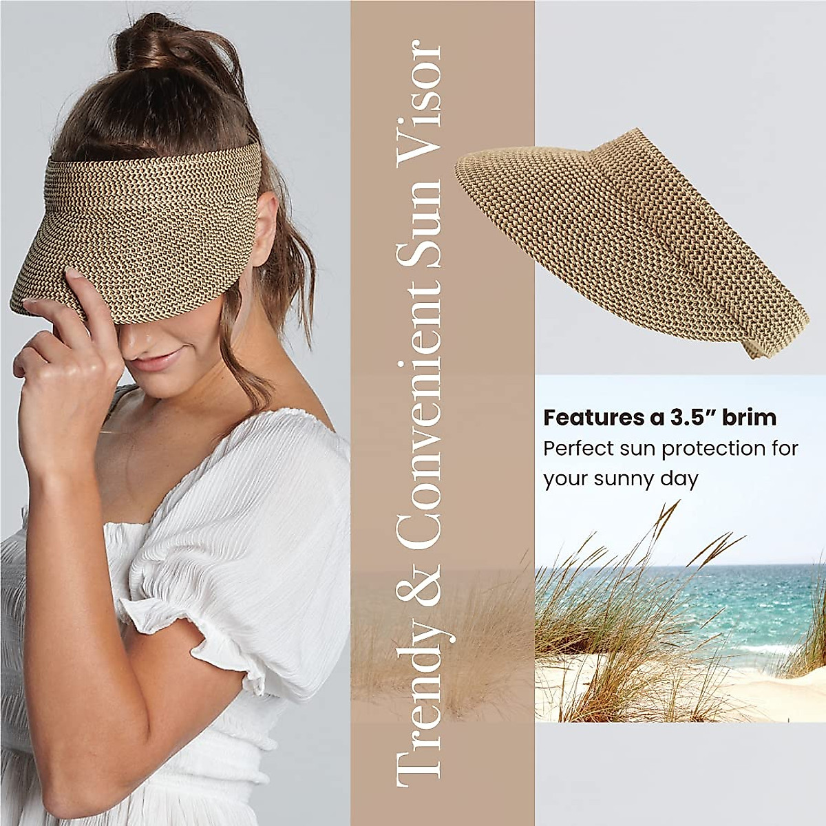 San Diego Hat Company Signature Women's Ultrabraid Large 3.5” Brim Visor with Ribbon Binding & Sweatband, Sun Hats for Women, Mixed Brown, One size