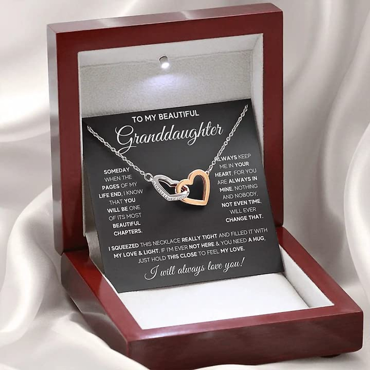 WUSHAOHE To My Granddaughter Interlocking Heart Necklace To My Granddaughter Gifts Granddaughter Birthday Gifts Graduation Gift(Red Led Box)