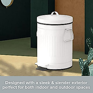 Retro Trash Can with Lid - 12L/3.2 Gal Step Trash Can w/ Soft Closing Lid - Round Garbage Can w/ Handles - Touchless Trash Can w/ Removable Garbage Guard Bucket - Outdoor Garbage Bin - Large Trash Can, White