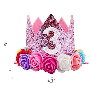 ipalmay Baby Princess Glitter Pink Crown, 3st Birthday Party Hat Pink with Mix Rainbow Color Flowers