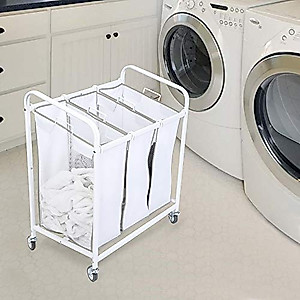 Smart Design Premium Rolling 3 Compartment Mesh Laundry Sorter Hamper w/Wheels & Handles - Steel Metal Frame - VentilAir Fabric Design - Clothes & Laundry - Home Organization (Holds 9 Loads) [White]