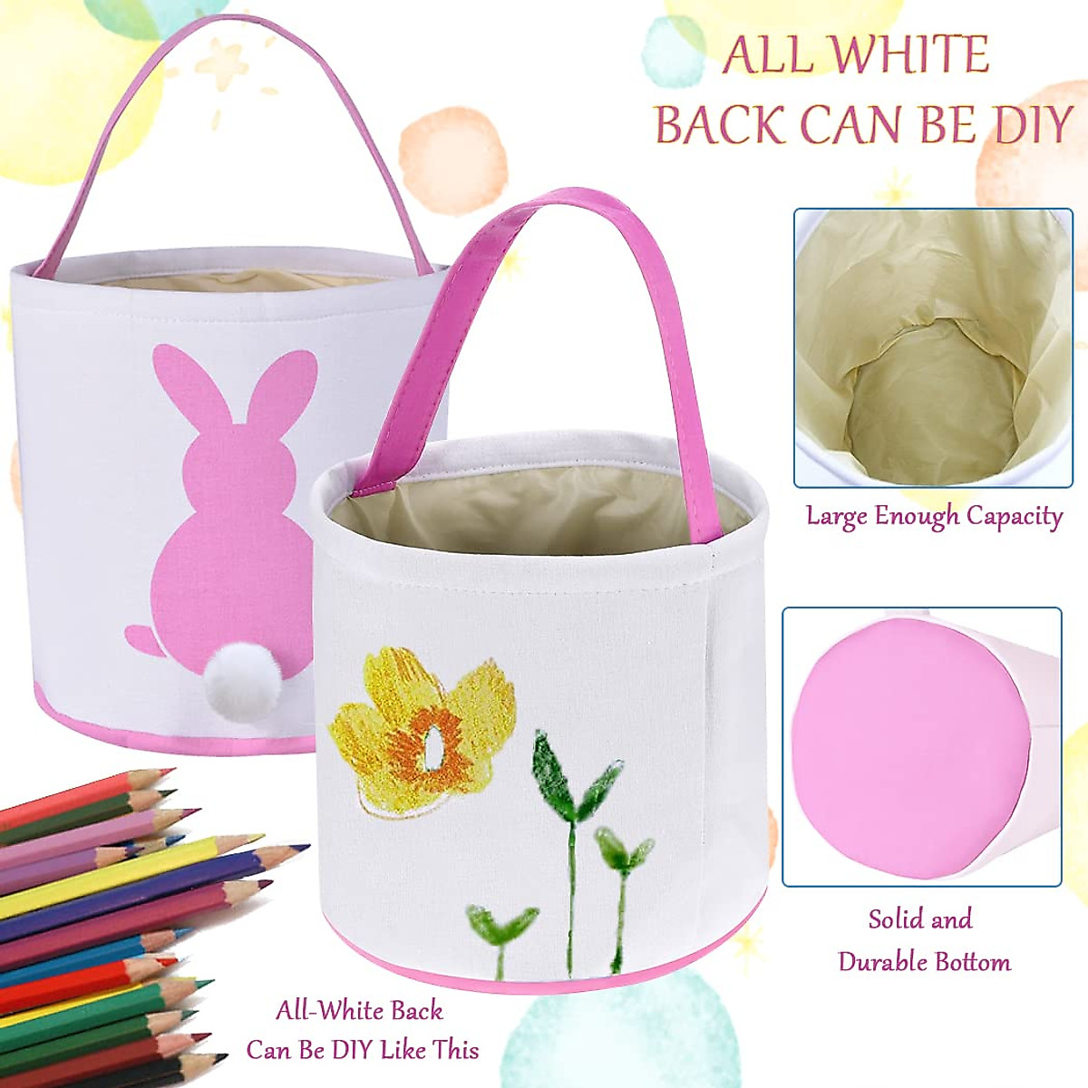 Faylapa 3pcs Easter Bunny Basket Bags Bunny Canvas Tote - Party's Celebrate Decoration Eggs Candy and Gifts Carry Bucket-Pink+Blue+Green