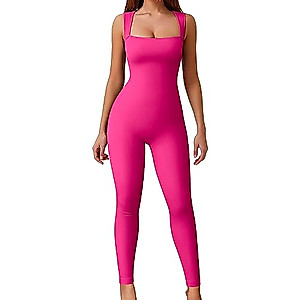 OQQ Women's Yoga Workout Ribbed Square Neck Sleeveless Tank Top Exercise JumpSuit, Rose3, Large
