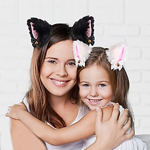 xipixiao Cat Ears Headband Plush Furry Neko Ears with Ribbon Bell for Halloween Party, Women and Kids