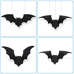 24Pcs Black Hanging Bats Halloween Decorations Outdoor, Flying Bats Hanging Halloween Decorations for Hanging in The Tree, Porch, Yard, Lawn, Indoor