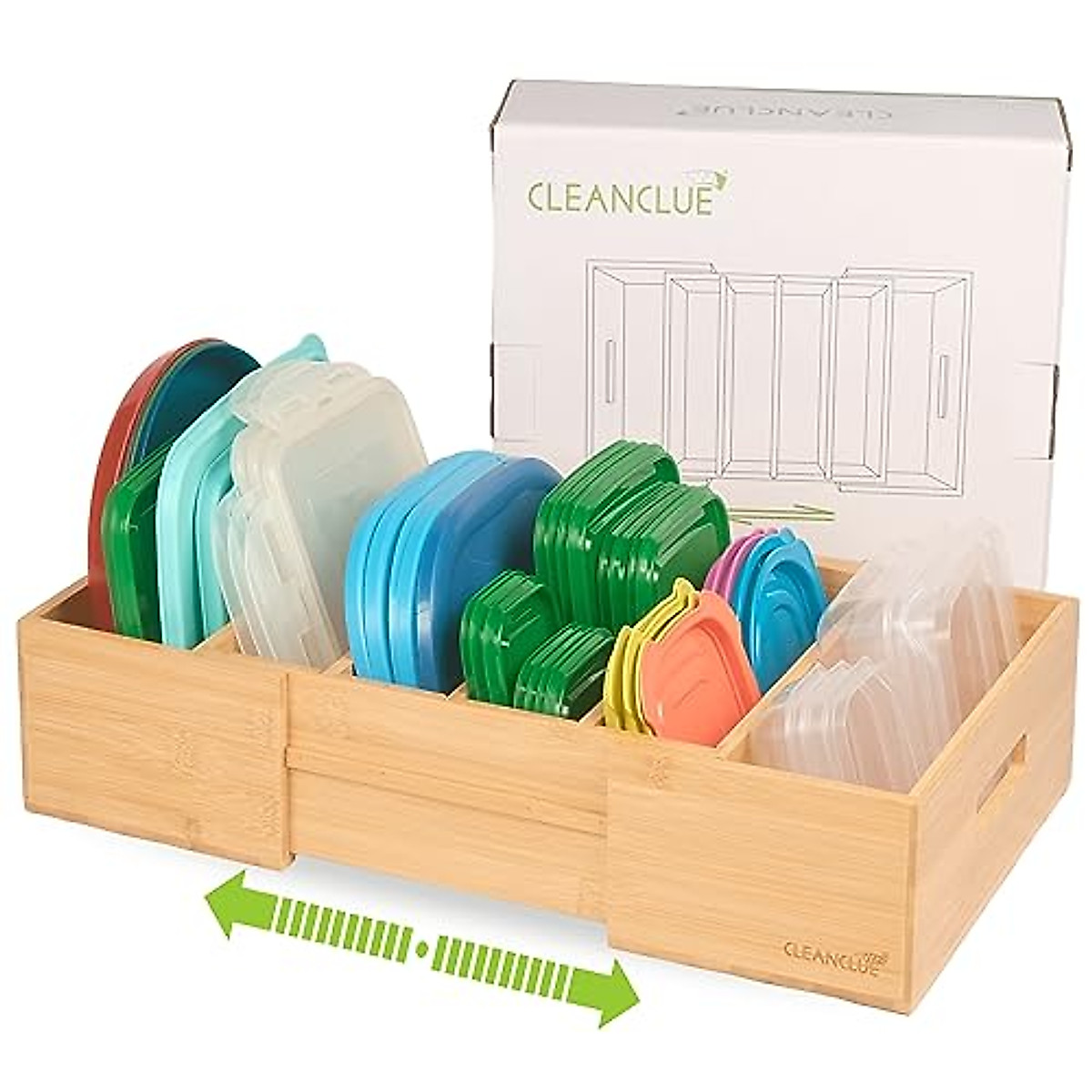 CLEANCLUE Expandable Kitchen Cabinet Organizer for Food Storage Container Lids, Bamboo Drawer Caddy Adjustable Dividers, Box for Kitchen Storage and Organization, Lids Organizer for Cabinet (Natural)