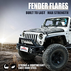 SUPERDRIVE Flat Front&Rear Tubular Fender Flares EXCL.LED Lights Mud Guards Compatible with 2007-2018 Jeep Wrangler JK&JKU 2/4 Door, 4 PCS Heavy Duty Solid Steel Textured Black Off-Road Liner Set