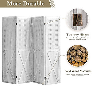 Leesinwing 4 Panel Pegboard Display, 5.6Ft Wood Room Dividers and Folding Privacy Screens, Peg Board Room Divider, Portable Display Board Organizer for Art, Jewelry, Crafts Display Racks, Off White