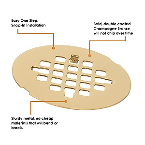 LXLOTUS 4 ¼” Polished Gold Snap-in Shower Drain Cover - Polished Brass Replacement - 4.25" OD Shower Drain Strainer - Easy Install - Premium Round Shower Drain Cover - Solid Brass Construction