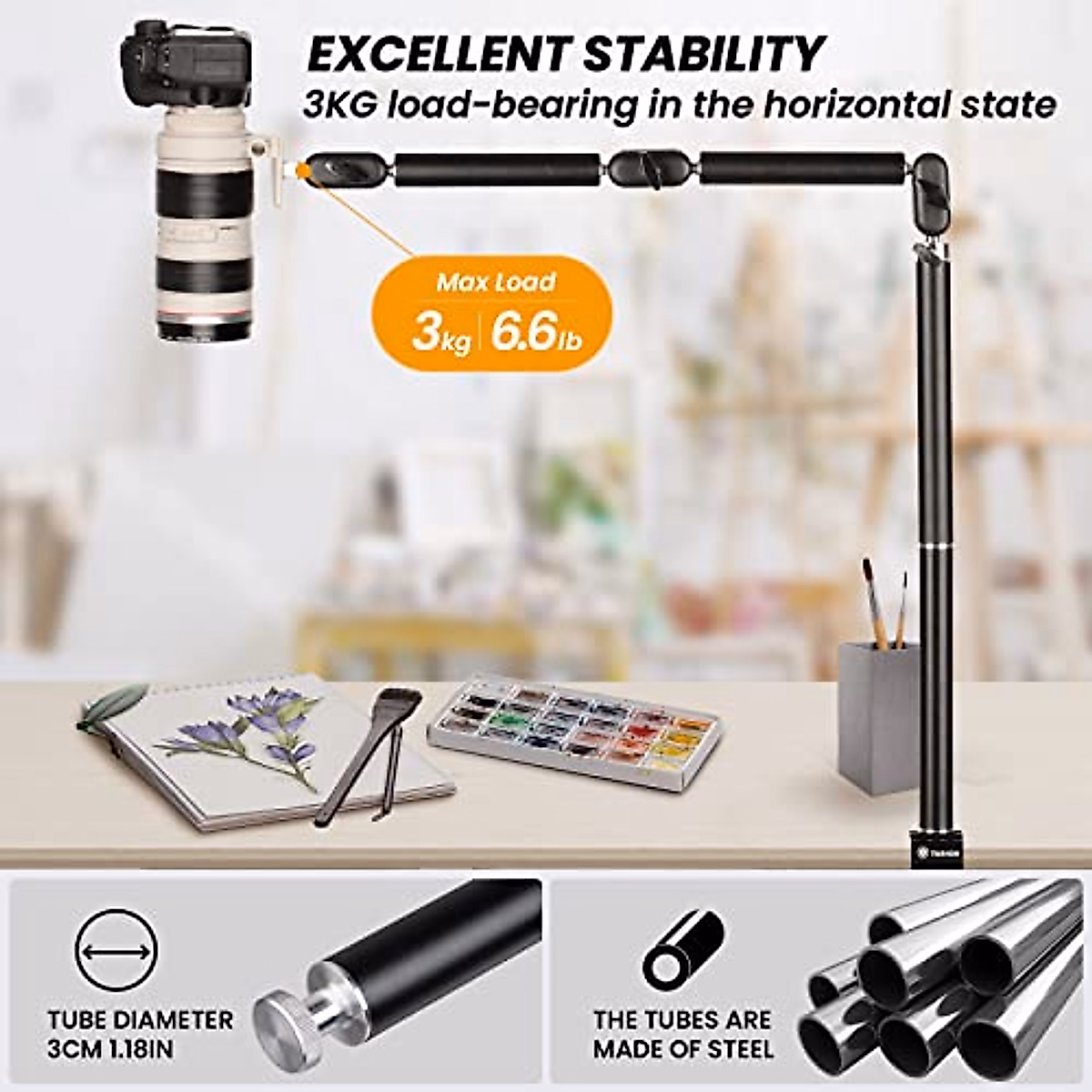 TARION Desk Camera Mount Stand Heavy Duty Articulated Camera Arm Articulating Table Mount Camera Stand Adjustable Flexible Gear Joints TKA01-L