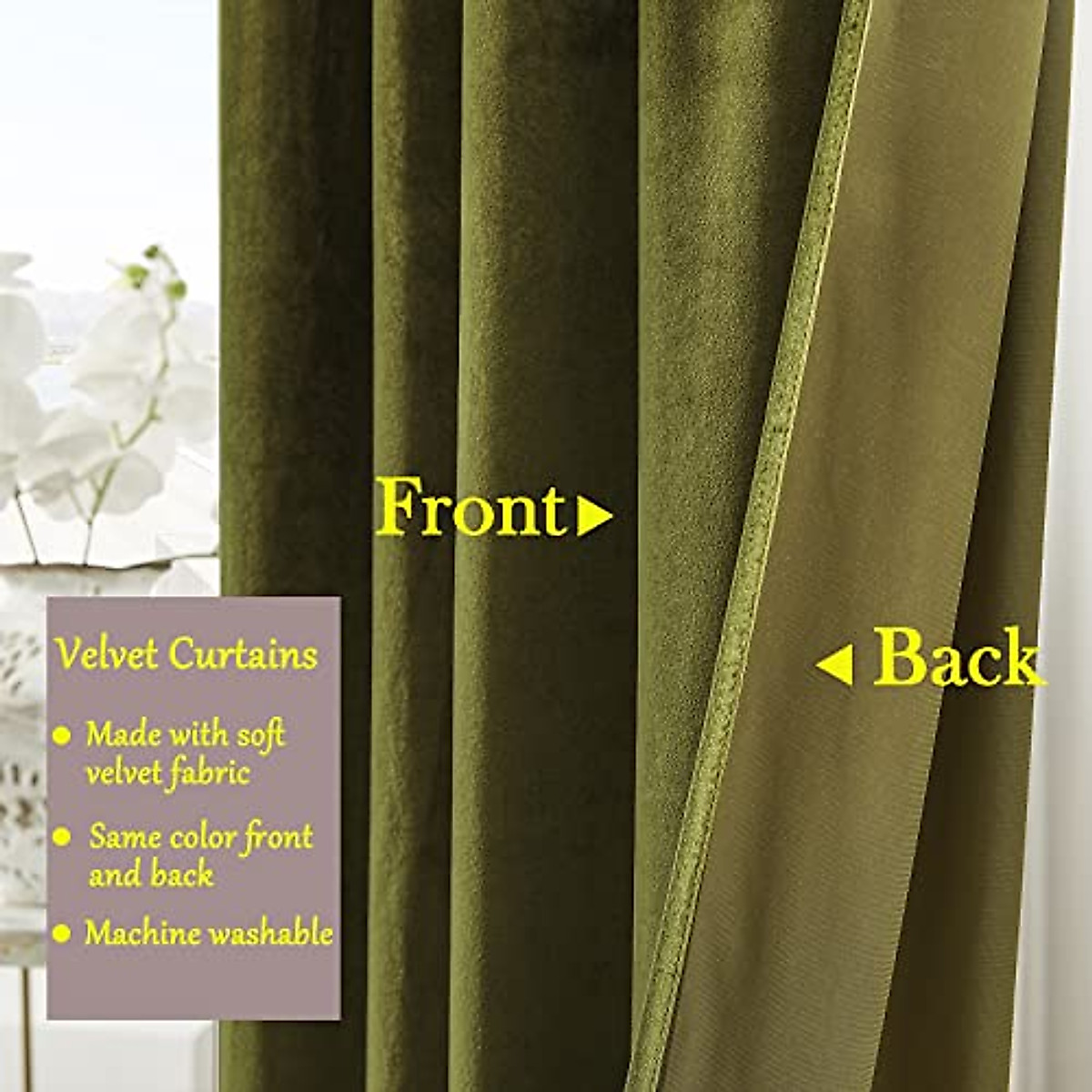 Timepr Olive Green 90 inches - Luxury Soft Velvet Curtains Light Filtering Privacy Thermal Insulated Grommet Backdrops for Living Room/Dining/Sliding/Glass Door, W52 x L90, Olive Green, 2 Panels