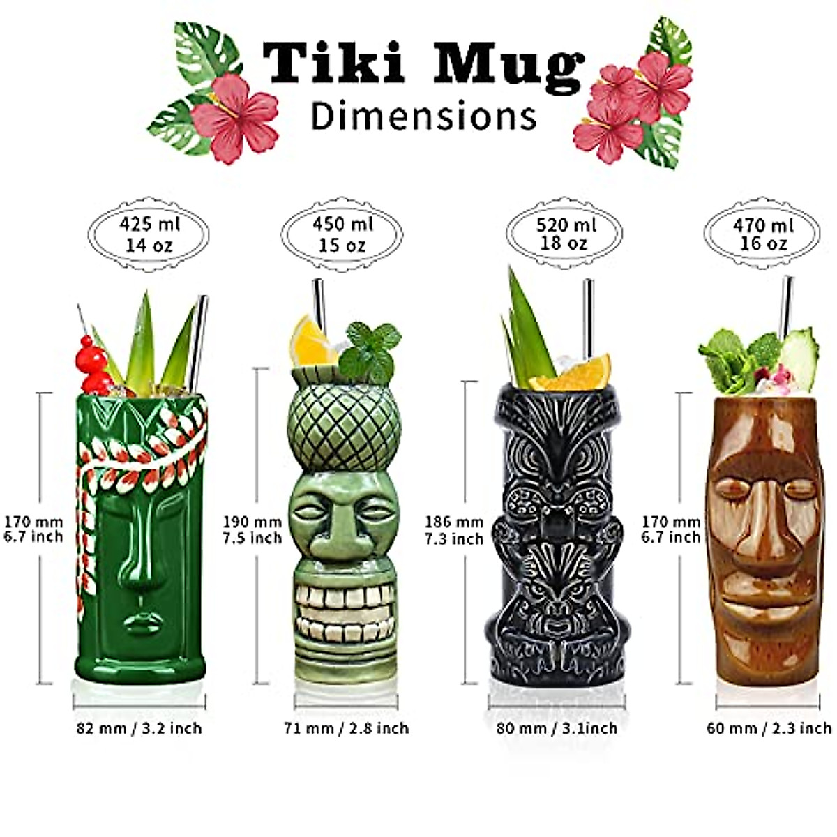 Tiki Mugs Cocktail Set of 4 - Large Ceramic Hawaiian Party Mugs Drinkware, Cute Exotic Cocktail Glasses, Tiki Bar Professional Hawaiian Party Barware, TKSET0012 (4 pack)