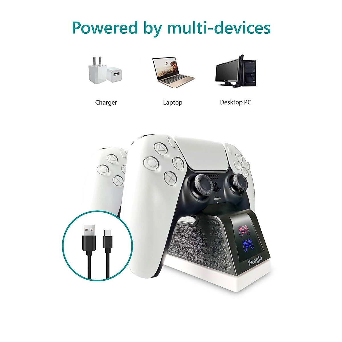 2H Fast Charging PS5 Controller Charger, Feaglo Spring Charging Station for Playstation 5 Dualsense Controllers, Charger Dock with LED Indicator