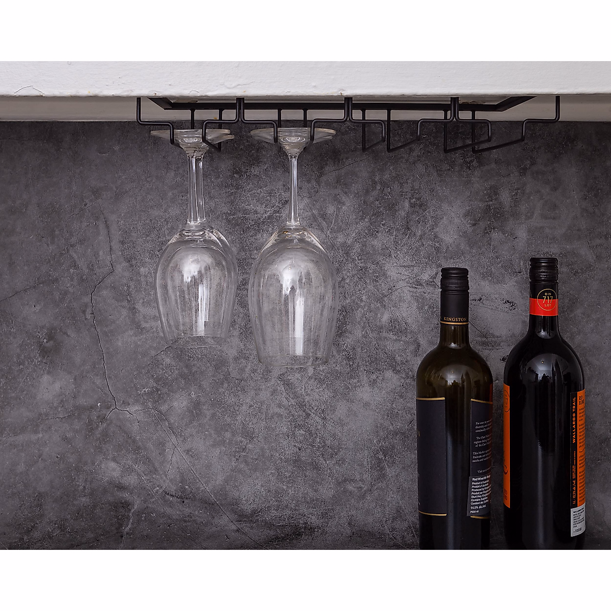 Karukera Wine Glass Holder Storage, Add an Organizer Stemware under a Floating Shelf or Cabinet to save Space, Perfect Metal Rack for your Kitchen, Bar or Countertop, with 2 Sets Mugs Holders