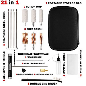 Shotgun Cleaning Kit 12 20 410 - Gauge Caliber 21 in 1 Zippered Compact Portable Case Bronze Brush, Brass Adaptor, Cotton Mop, Cleaning Pick, Patch Holder, Cleaning Patches, Empty Oil Bottle (Black)