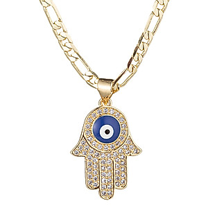 kelistom 14K Gold Plated Evil Eye Hamsa Hand Necklace for Women Men | Gold Cubic Zirconia Inlay Evil Eye Pendant Necklace | 3mm Figaro Chain Necklace 18/22 inches