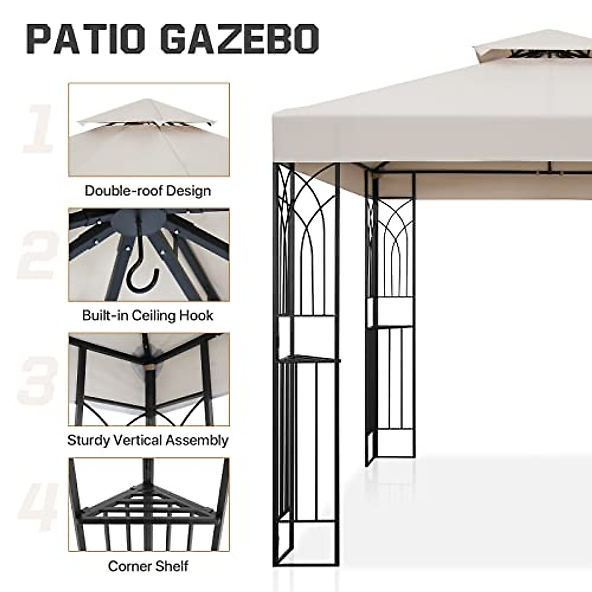 COOS BAY 8x8 Outdoor Patio Gazebo with Corner Shelves, Two-Tiered Soft Top Canopy for Backyard, Lawn, Deck and Garden, Beige