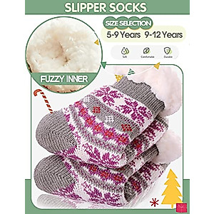 Girls Boys Kids Fuzzy Slipper Socks Fluffy Cozy Cabin Warm Winter Plush Sherpa Comfy Fleece Lined Home Soft Sleep Thick Grips Gripper Non Slip Christmas Socks Gift Stocking Stuffers for Child (Snowflake Grey, 5-9 Y)