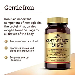Solgar Gentle Iron - Ideal for Sensitive StomachsRed Blood Cell Supplement, , Non Constipating & GMO, Vegan, Gluten & Dairy Free, Kosher - 180 Servings, Unflavored, 180 Count