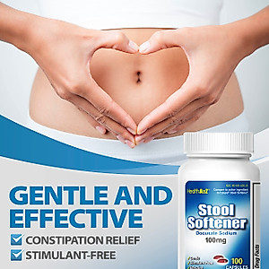 HealthA2Z® Stool Softener | Docusate Sodium 100mg | Red & White Capsules | Dependable | Gentle Constipation Relief (100 Counts)