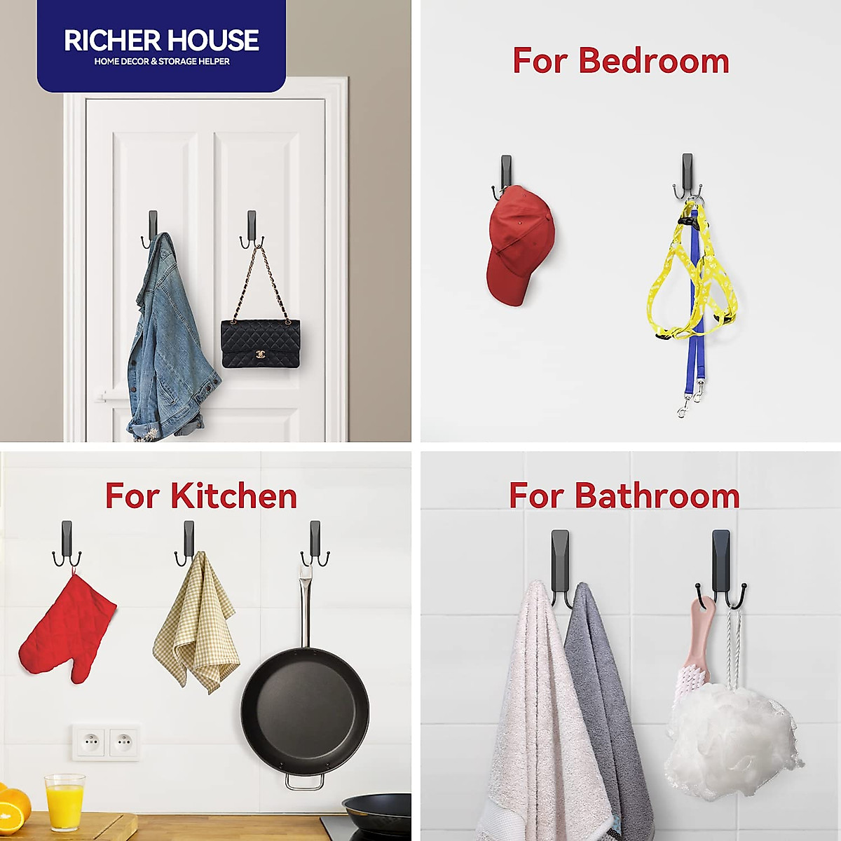 RICHER HOUSE Black Double Wall Hooks for Hanging, 4 Pack Removable Adhesive Wall Hooks with 5 Strips, Organize Damage-Free Sticky Hooks, Plastic Utility Hooks Heavy Duty for Coat, Towel, Hat, Key