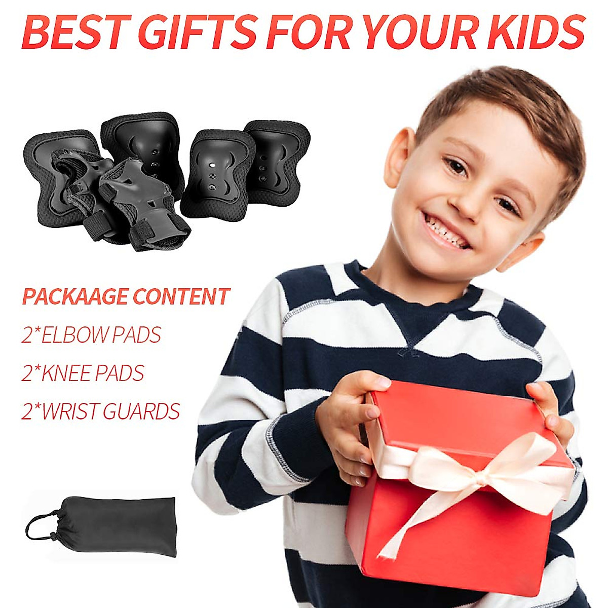 Knee Pads for Kids Knee and Elbow Pads with Wrist Guards Youth Protective Gear Set for Cycling Roller Bike Inline Skateboard Scooter Skating Skates Pads Toddler Girls Boys Kids 3-8 Years Old(Black)