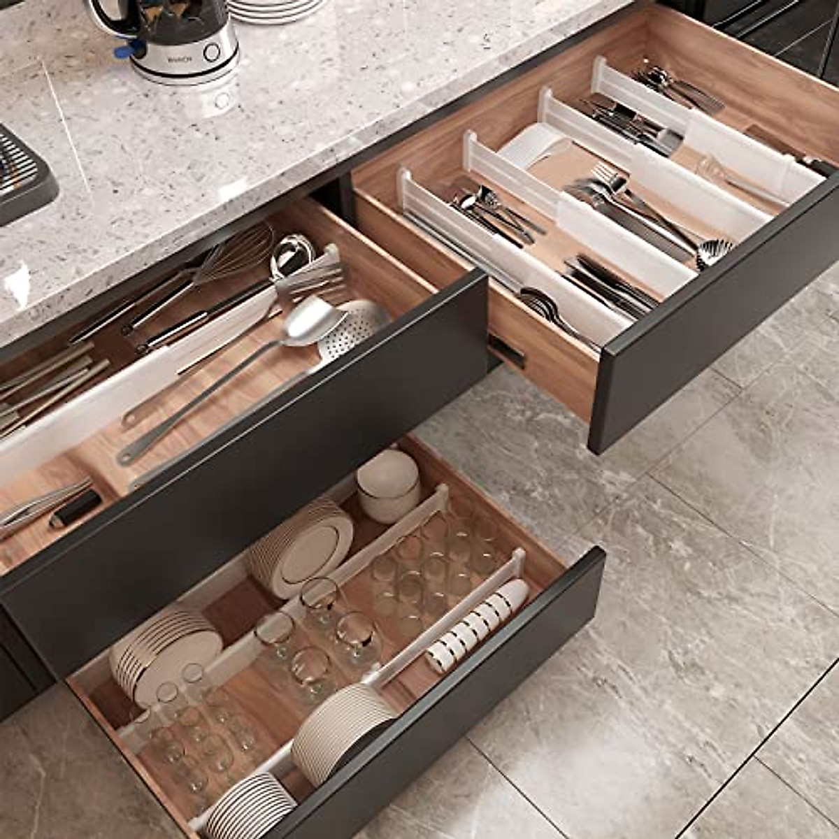 HiYZ Expandable Drawer Dividers, Large Kitchen Utensils Drawer Divider, 2.36" High Adjustable Drawer Organizers Separators for Clothing,Kitchen Utensils,Tools,4 Dividers(12.6"-22.8")