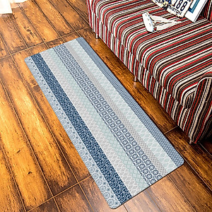 Bohemia Antifatigue Kitchen Bath Door Mat Cushioned Runner Rug,Washable Welcome Floor Sink Mat,Waterproof Comfort Standing Doormat for Kitchen,Blue Grey Boho Tribal Paisley Flower Plaid 24"x36"