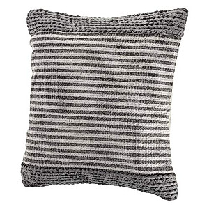 LR Home Farmhouse Striped and Textured Throw Pillow Area Rug, 20" x 20", Gray/Ivory