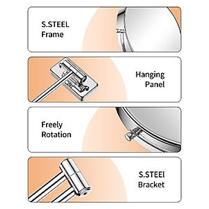 Gospire 9" Large Size Wall Mount Makeup Mirror with 1X/10X Magnification Double-Sided 360° Swivel Vanity Mirror，Chrome Polished Extendable Shaving Bathroom Wall Cosmetic Mirror for Men and Women